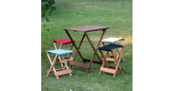 Ahşap Renkli Bez Tabure ve Masa Seti, Piknik Seti, Balkon Katlanır Masa ...
