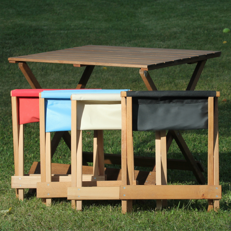 Ahşap Renkli Bez Tabure ve Masa Seti, Piknik Seti, Balkon Katlanır Masa ...