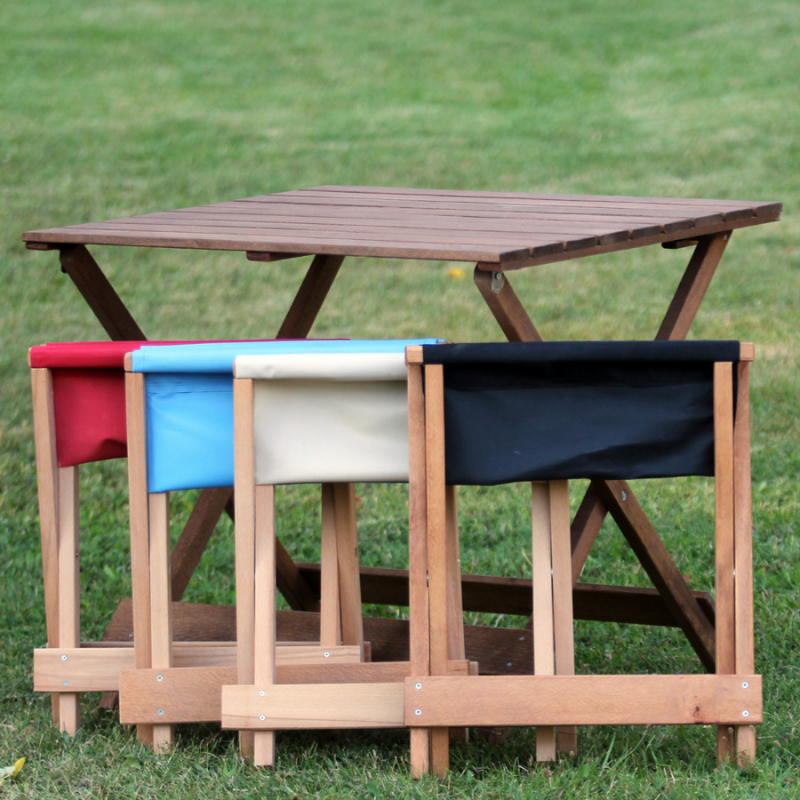 Ahşap Renkli Bez Tabure ve Masa Seti, Piknik Seti, Balkon Katlanır Masa ...
